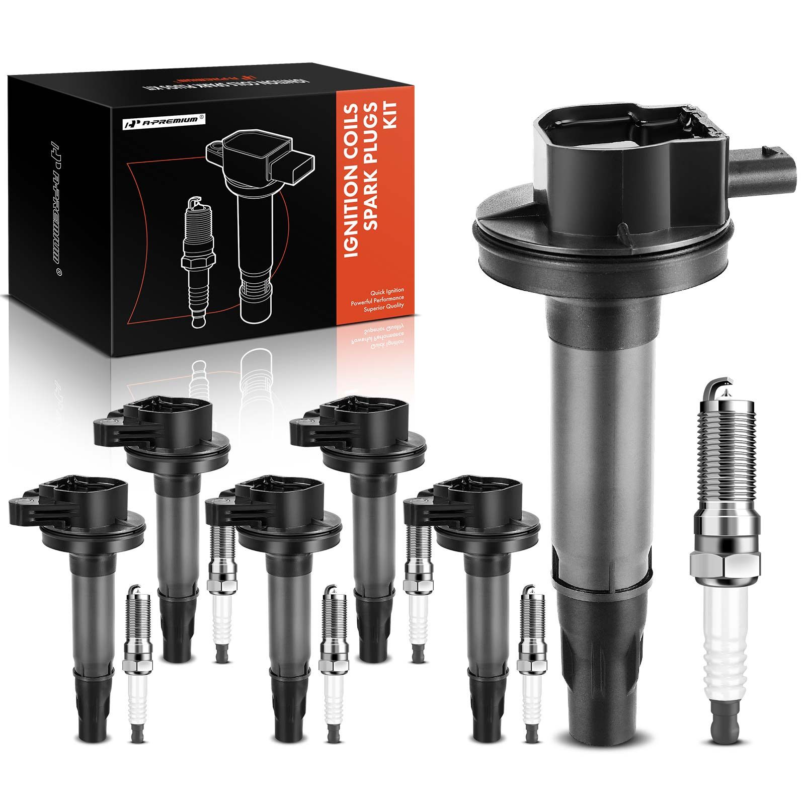 6 Pcs Black Ignition Coil & 6 Pcs IRIDIUM Spark Plug Kit for Ford F-150 Explorer Lincoln | A-Premium